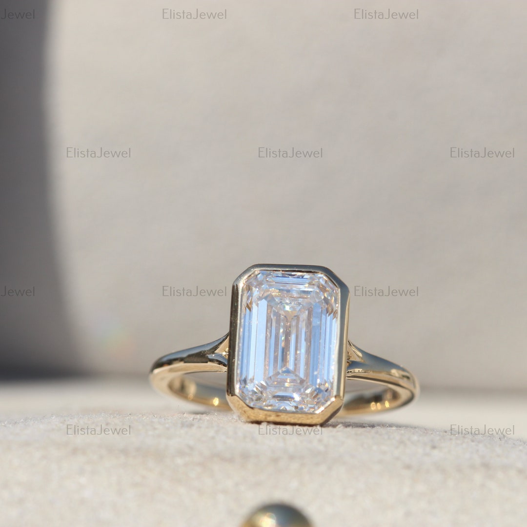 Big Emerald Cut Diamond Full Bezel Split Shank Wedding Ring, 18K Solid ...