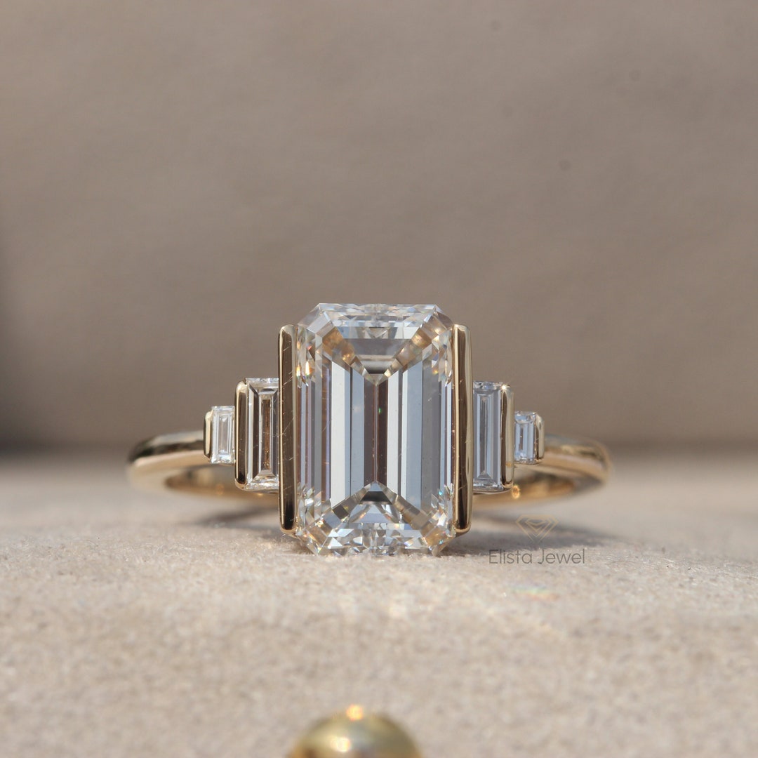 2.5 Ct Emerald Cut Lab Grown Diamond Bar Set Five Stone Engagement Ring ...