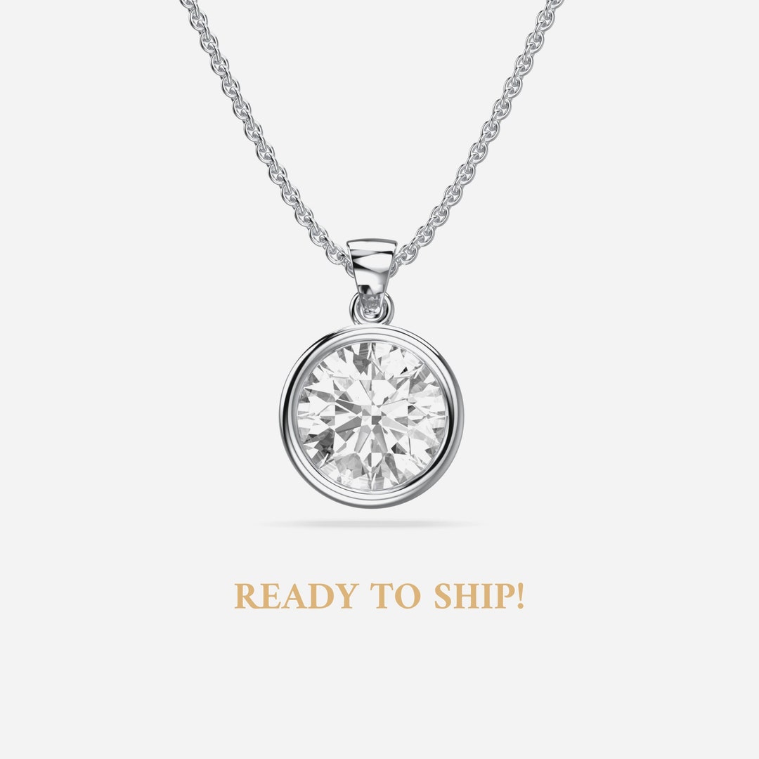 Round Cut Lab Grown Diamond Loop Pendant, 14K Solid White Gold Full ...