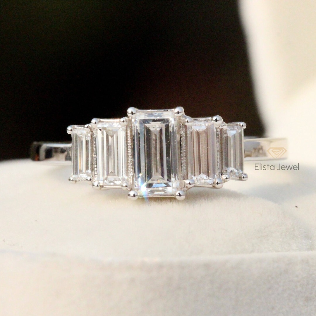 Five Stone Emerald Cut Lab-created Diamond in Solid White Gold ...