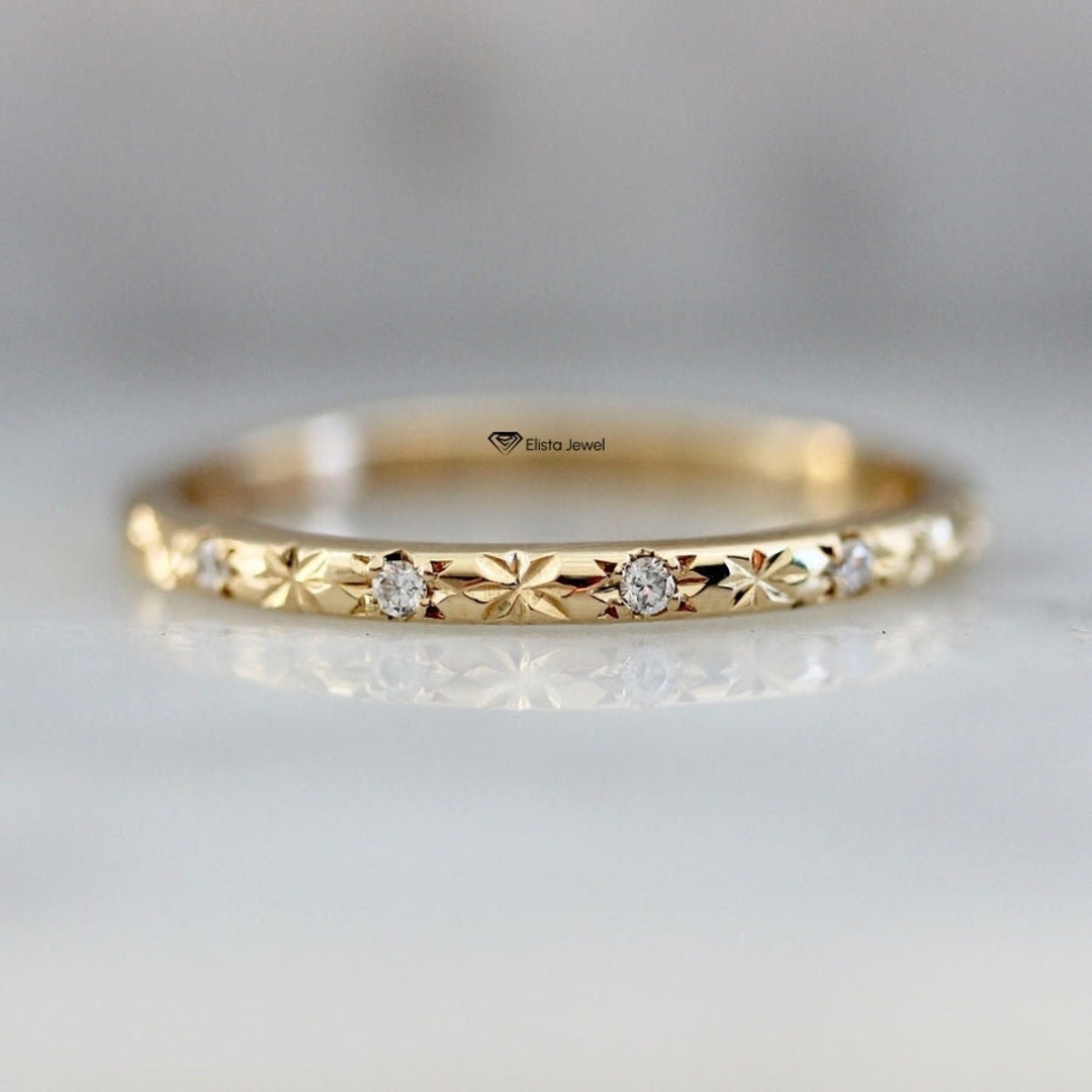 Gold Celestial Wedding Band 14K Gold Starlight Diamond Wedding - Etsy