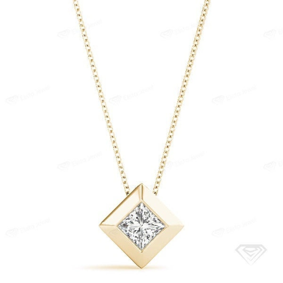 Dainty Princess Cut Certified Diamond Gold Pendant, Minimalist ...