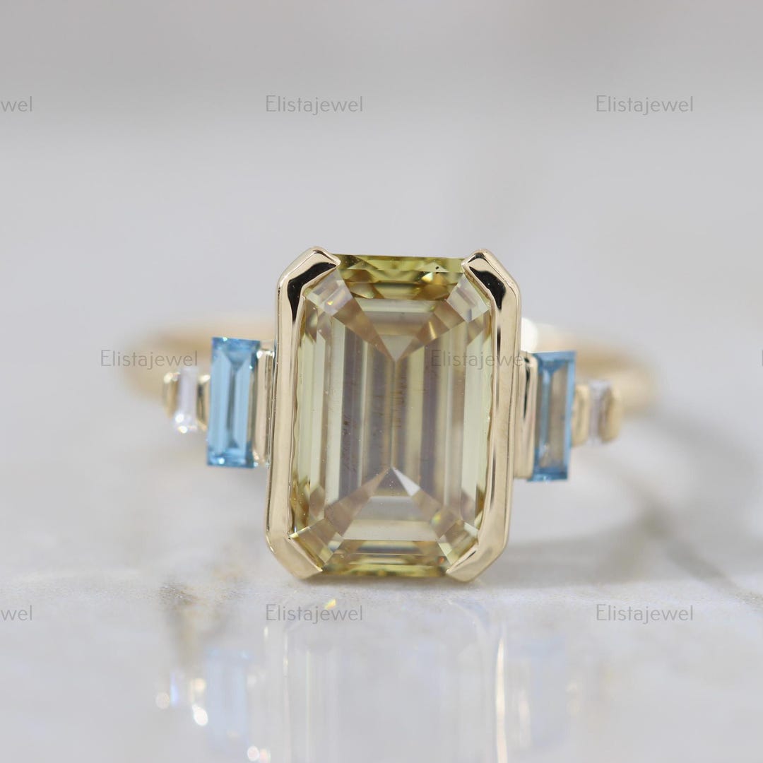 3.00 CT Champagne Yellow Emerald Cut Lab Grown Diamond Five Stone Ring ...