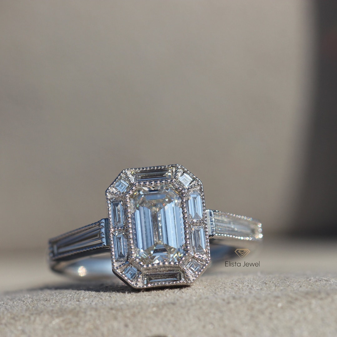 Emerald Cut Lab Diamond Full Milgrain Bezel Three Stone Ring, 18K Solid ...
