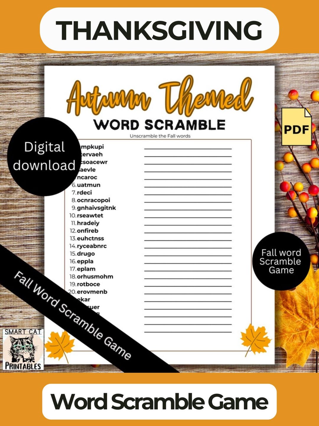 Fun Autumn Word Scramble, Fall Printable Game, Thanksgiving Activity ...