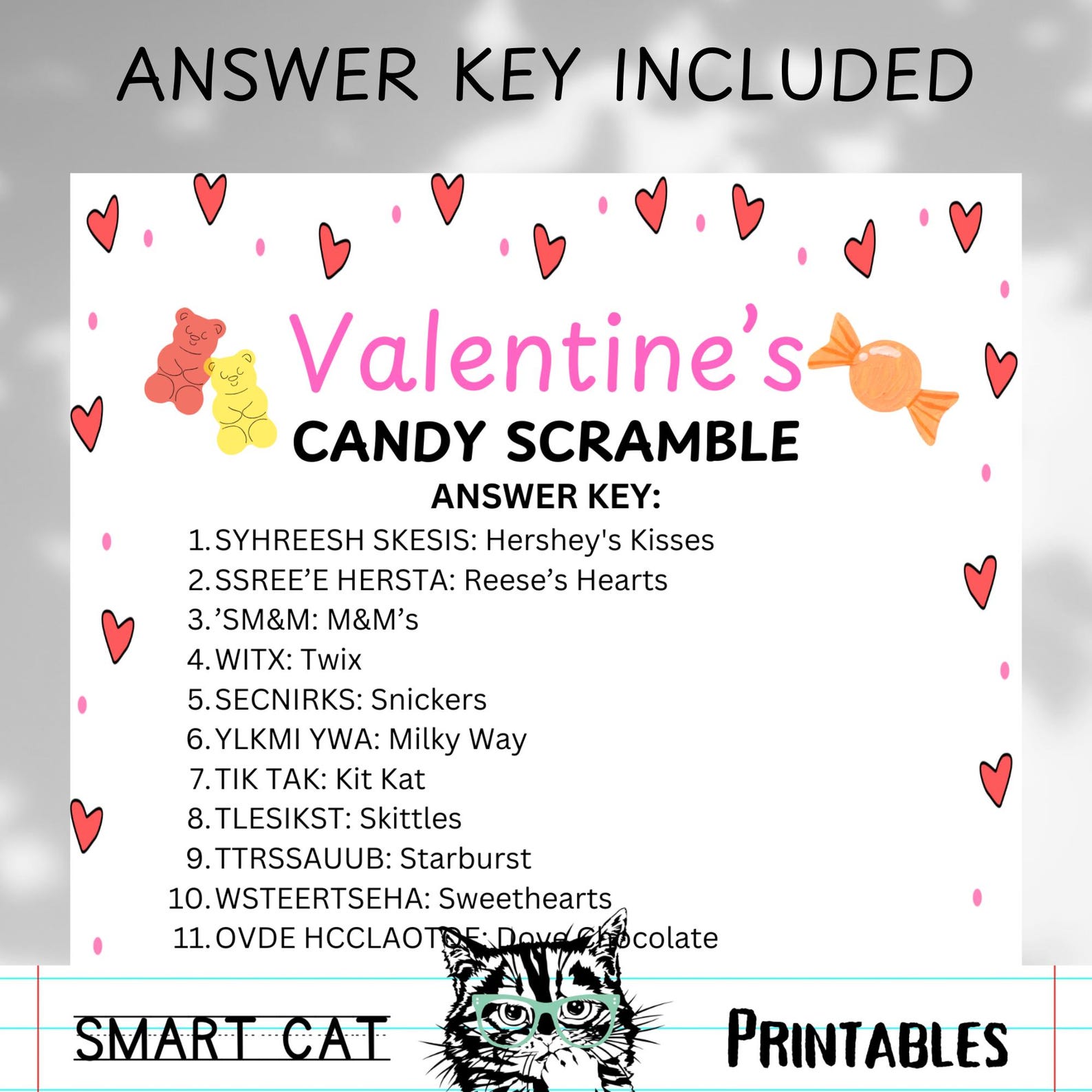 Valentine's Day Candy Word Scramble Game, Fun Kids School Valentine ...