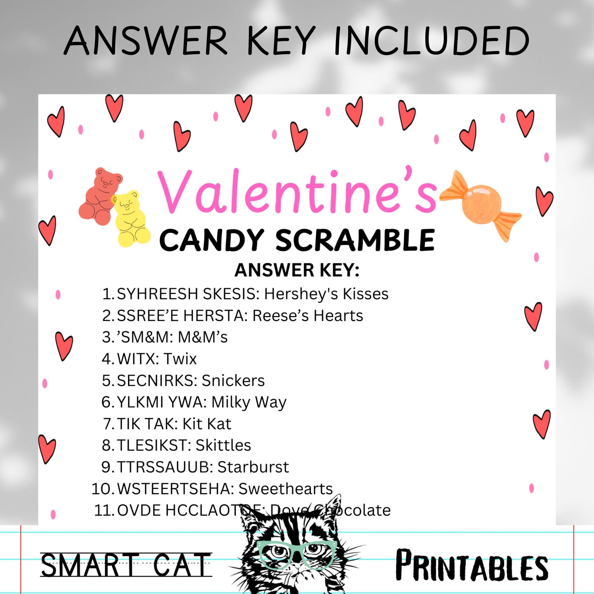 Valentine's Day Candy Word Scramble Game, Fun Kids School Valentine ...