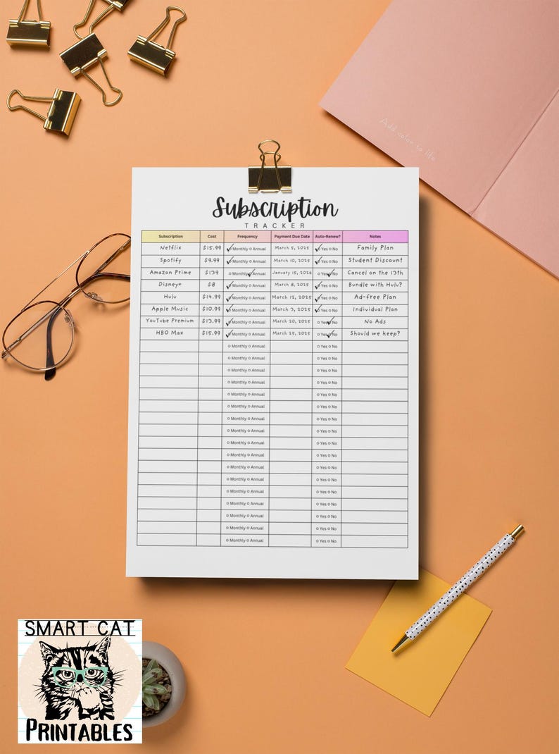 Printable Subscription Tracker PDF File, Easy Budget Template ...