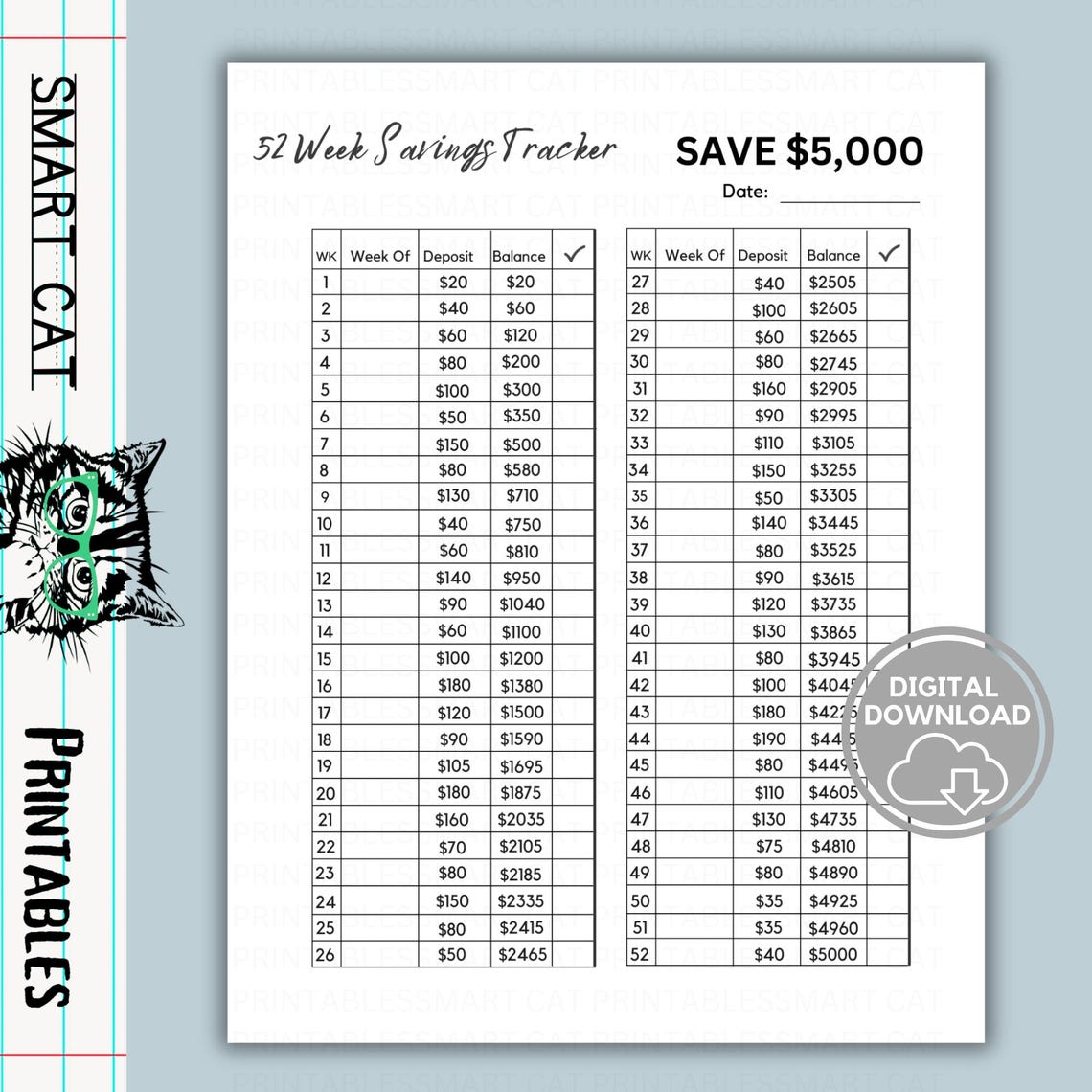 52 Week Savings Challenge, 5000 Savings Challenge Tracker, Money ...