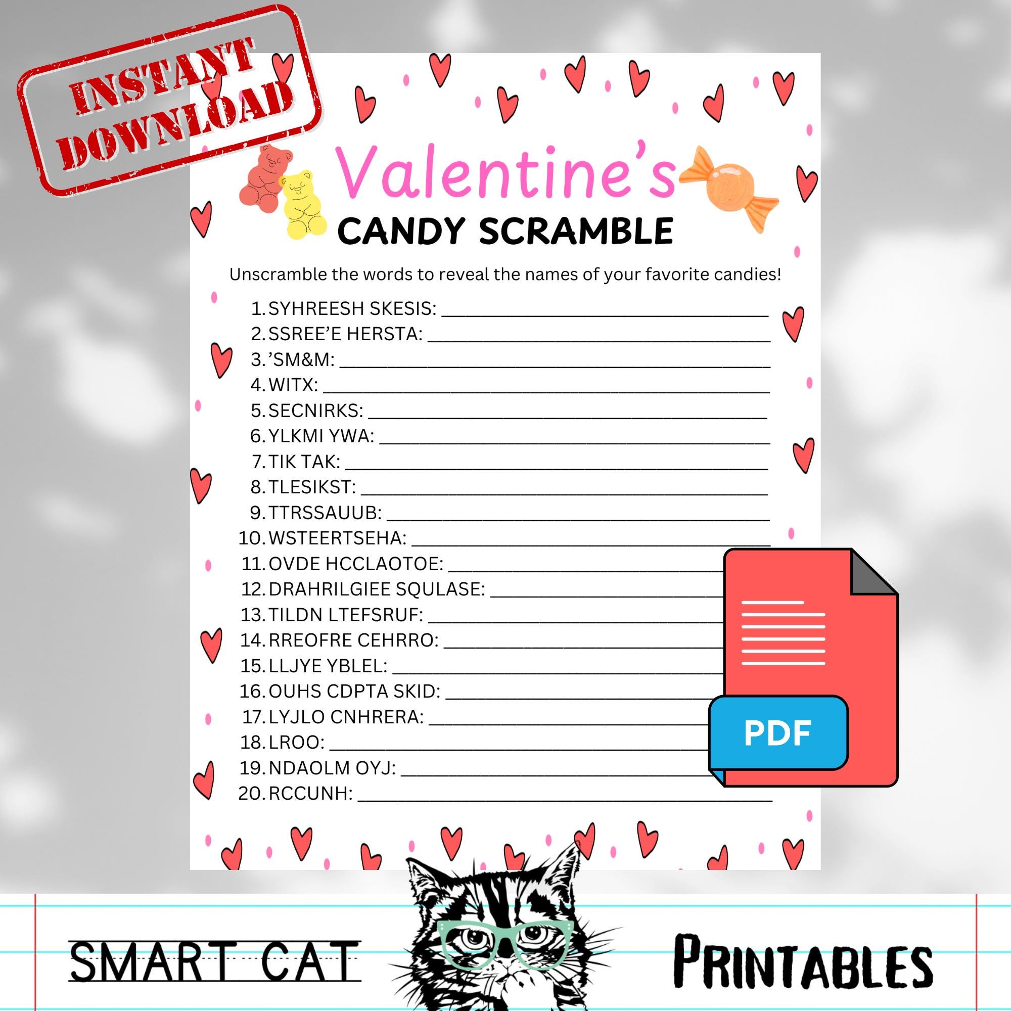 Valentine's Day Candy Word Scramble Game, Fun Kids School Valentine ...