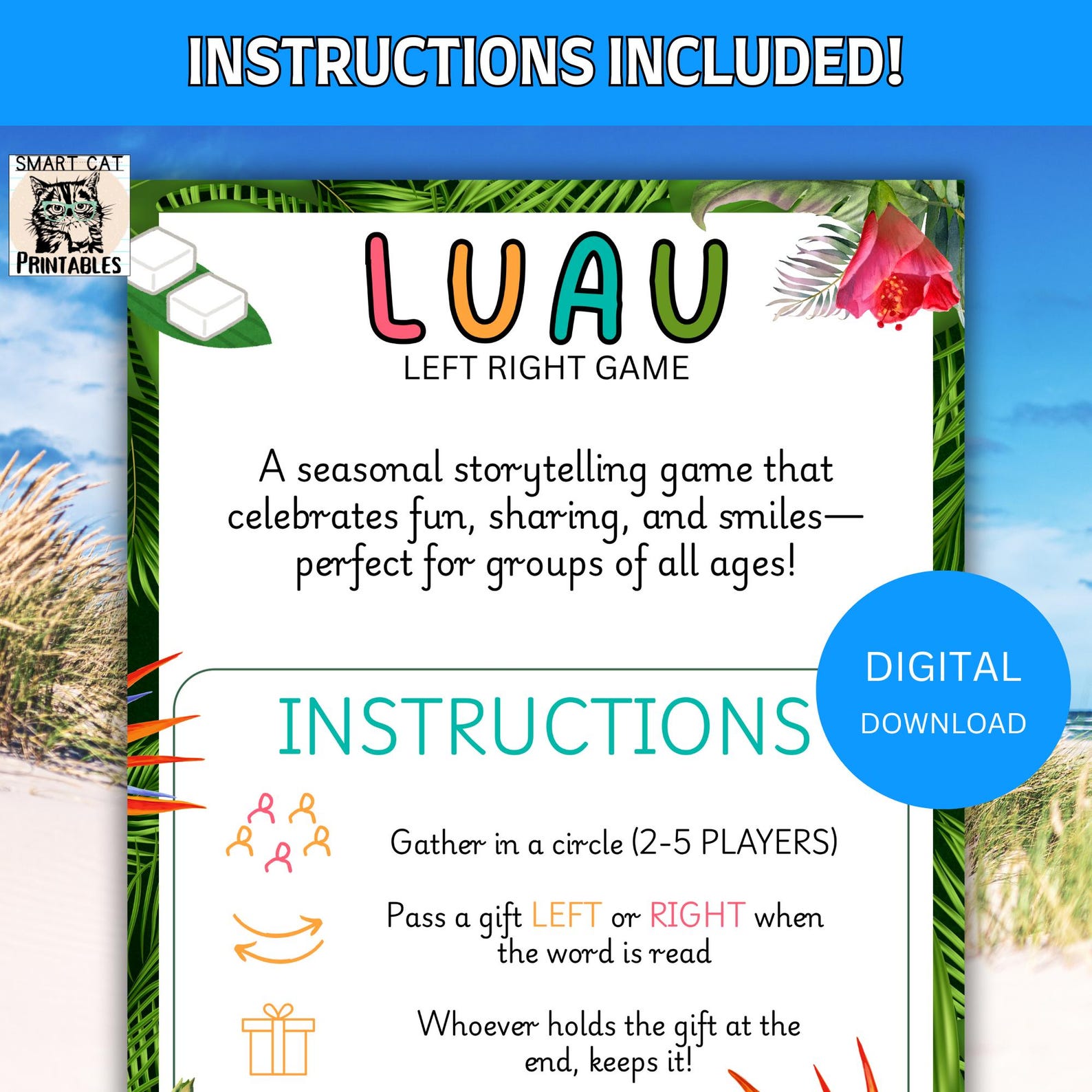 Fun Luau Left Right Game Printable, Pass the Prize Luau Party Story ...