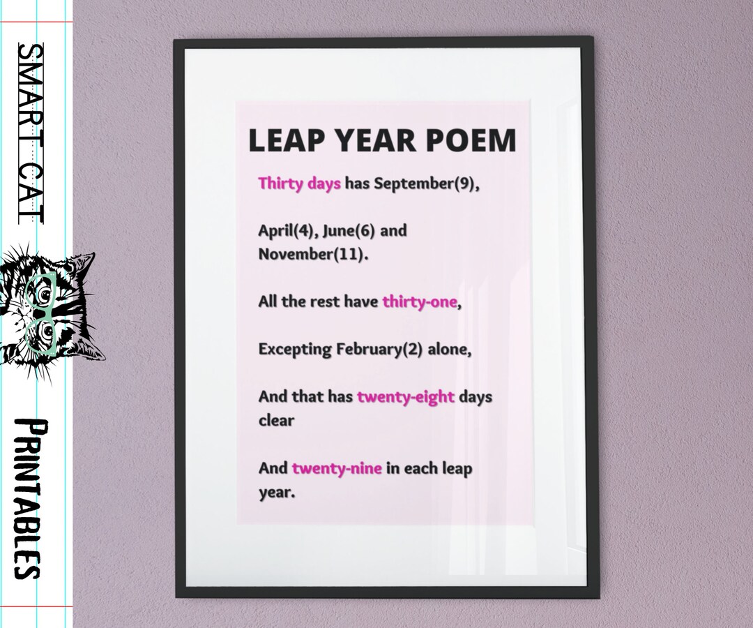 Leap Year Poem Instant Download Wall Art Days of the Month Homeschool ...