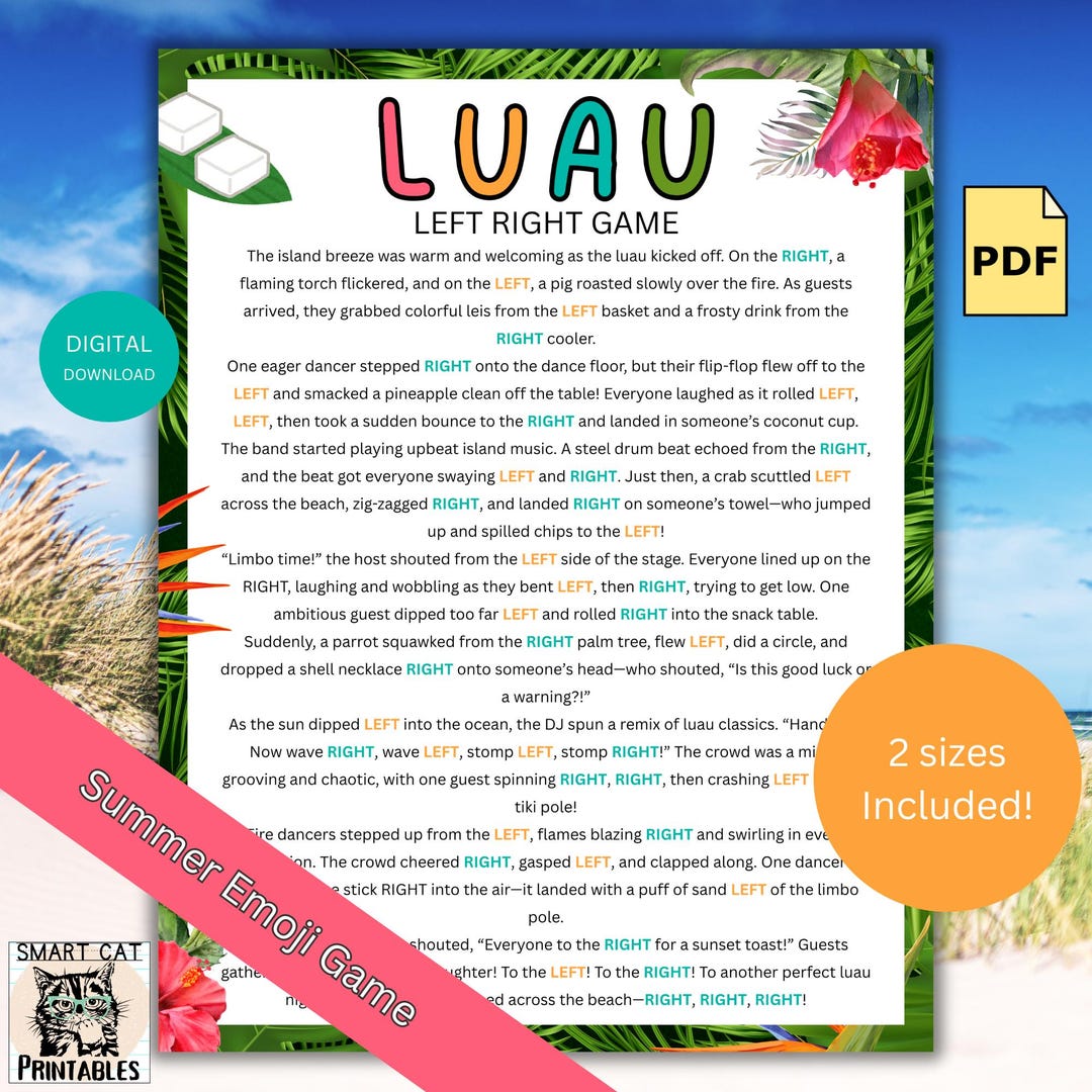 Fun Luau Left Right Game Printable, Pass the Prize Luau Party Story ...