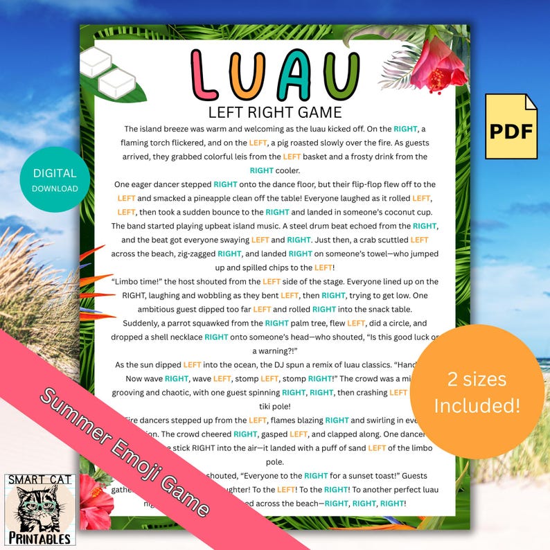 Fun Luau Left Right Game Printable, Pass the Prize Luau Party Story ...