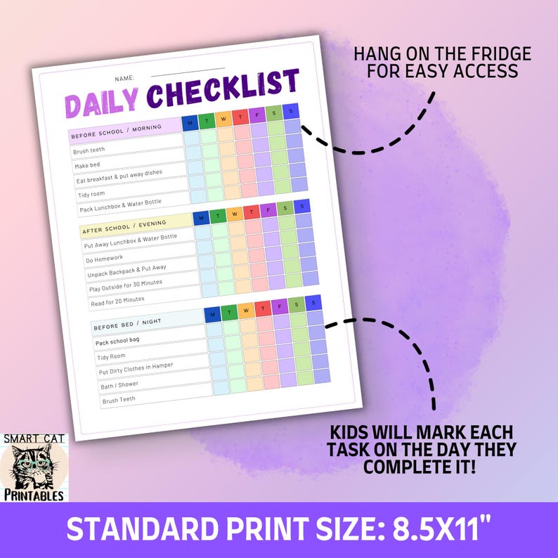 Kid's Printable Editable Daily Chore Chart Checklist, Chore Chart for ...