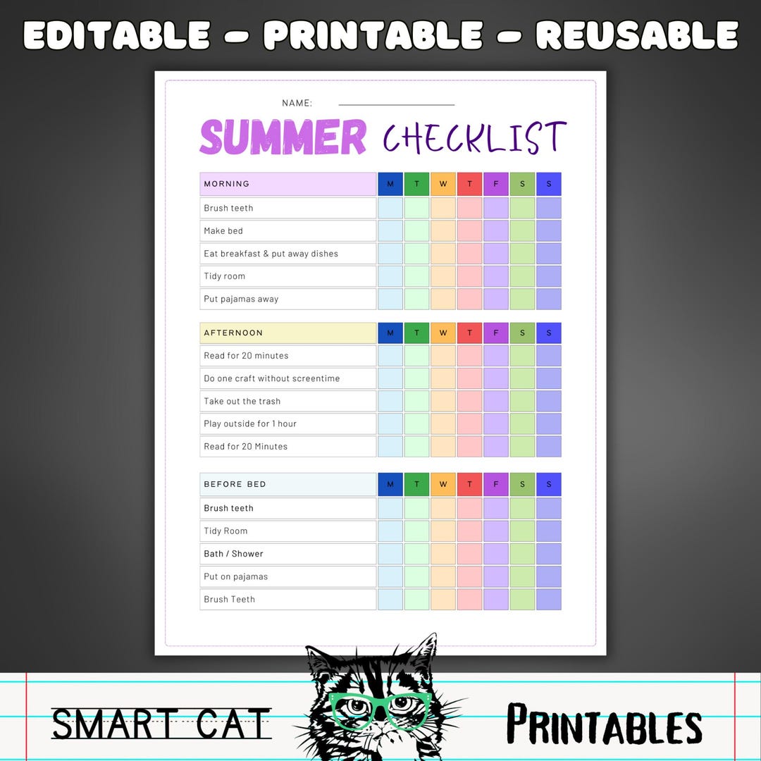Kid's Printable Editable SUMMER Daily Checklist, Chore Chart for ...