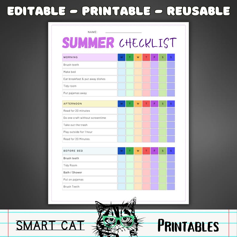 Kid's Printable Editable SUMMER Daily Checklist, Chore Chart for ...