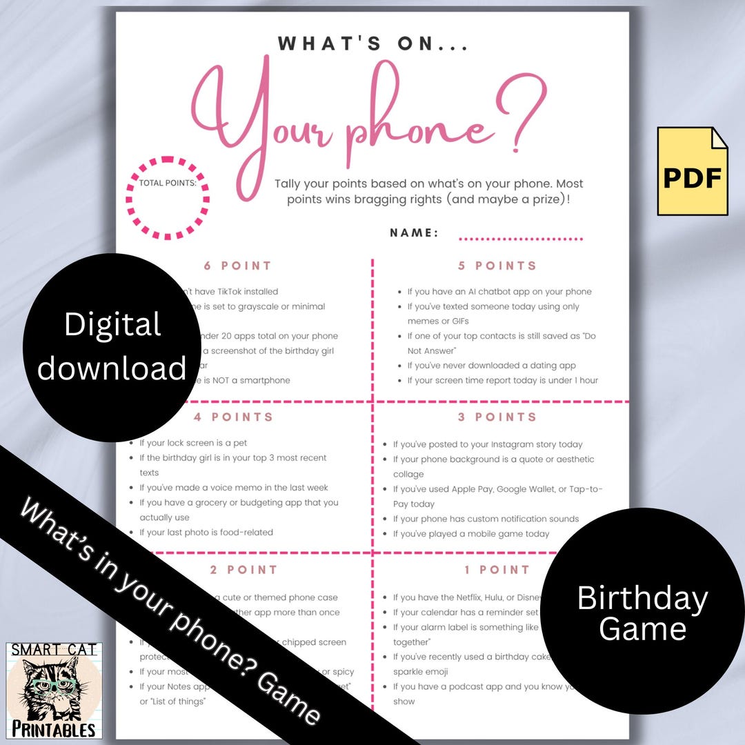 Fun What's in Your Phone Game Printable Birthday Game, Phone Game ...