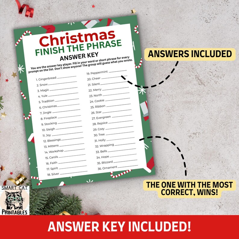 Christmas Finish the Phrase Game, Fun Holiday Party Printable for Kids ...