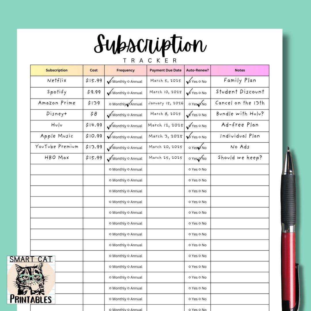 Printable Subscription Tracker PDF File, Easy Budget Template ...