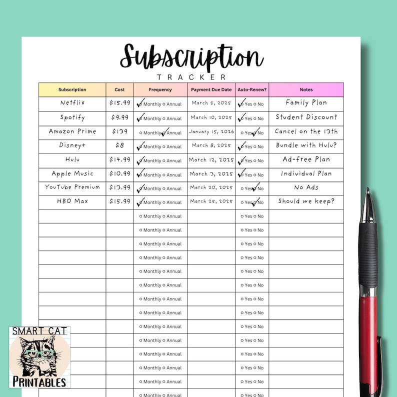 Printable Subscription Tracker PDF File, Easy Budget Template ...