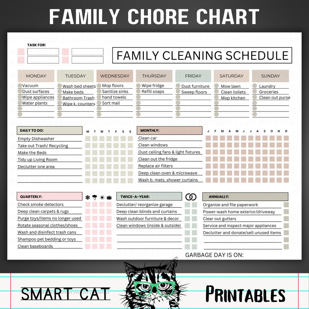 Printable Family Cleaning Planner, Cleaning Checklist Daily Monthly ...
