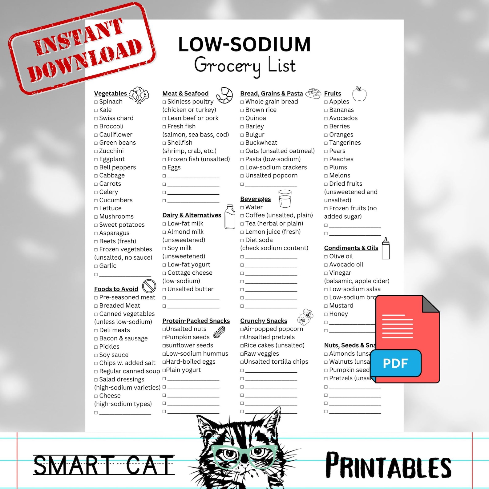 Low Sodium Grocery List PDF Printable, Low Sodium Food Diet List ...