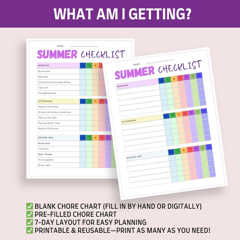 Kid's Printable Editable SUMMER Daily Checklist, Chore Chart for ...