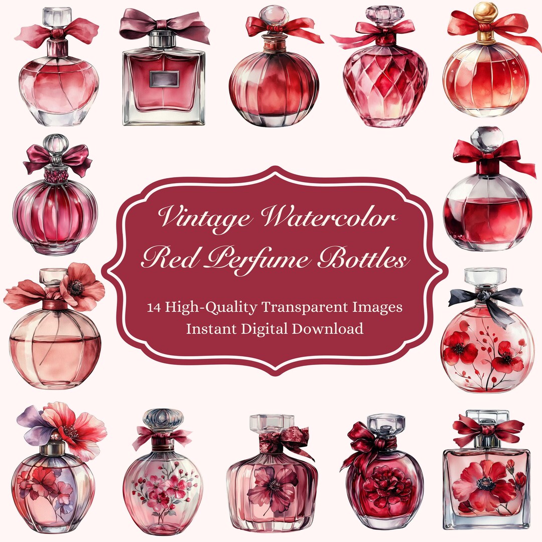 Red Vintage Perfume Bottle Watercolor Clipart – Floral Beauty (digital ...