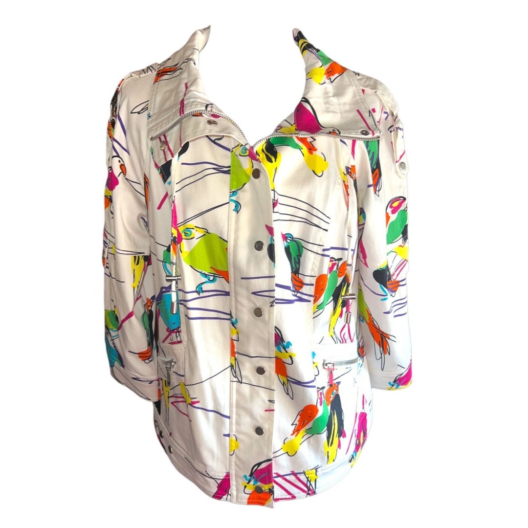 Vintage Berek White With Colorful Bird Design Zip and Button up Jacket ...