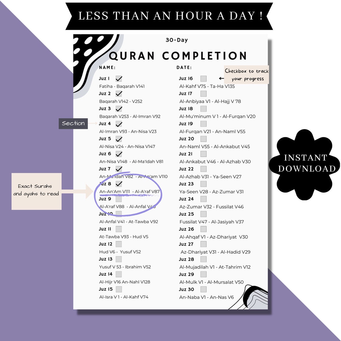30 Day Planner to Read the Quran | Digital Khatam for Students | Quran ...