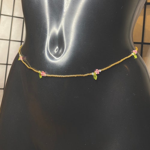 Gold Bead With Cute Pink Flowers and Green Leaf Waist Beads - Etsy