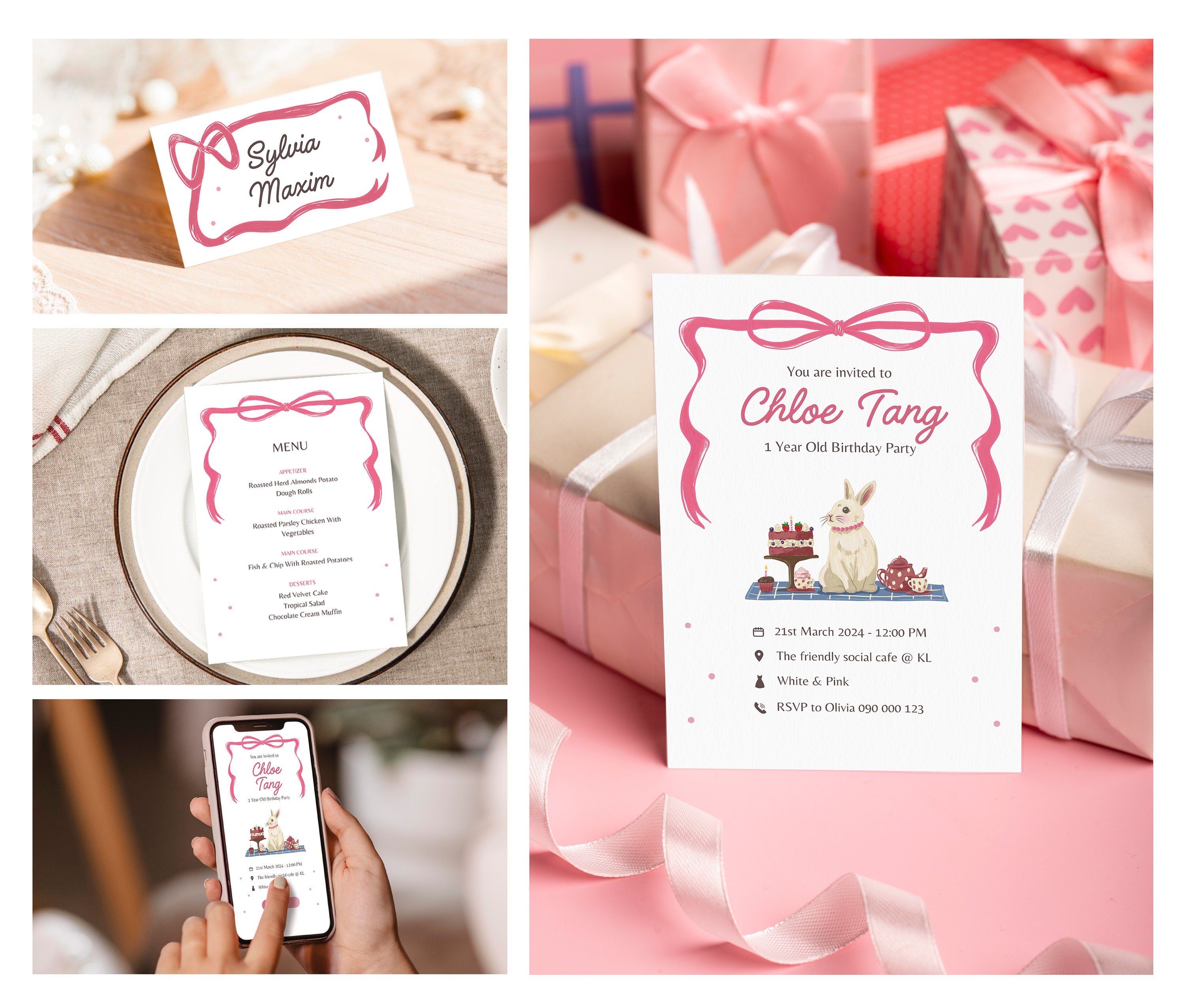 Pink Bunny Theme Kids Birthday Girl Invitation Printable E-invite RSVP ...