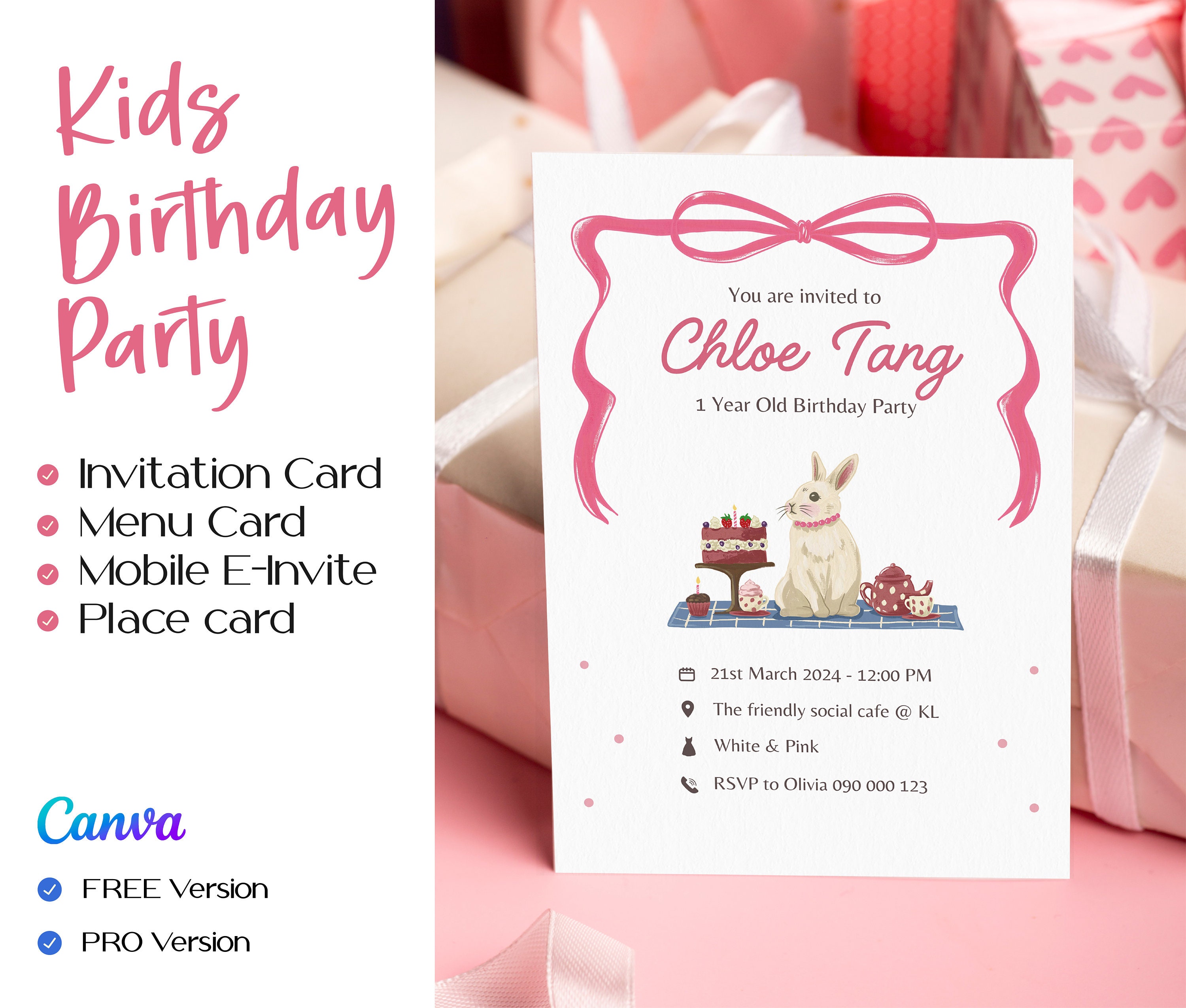 Pink Bunny Theme Kids Birthday Girl Invitation Printable E-invite RSVP ...