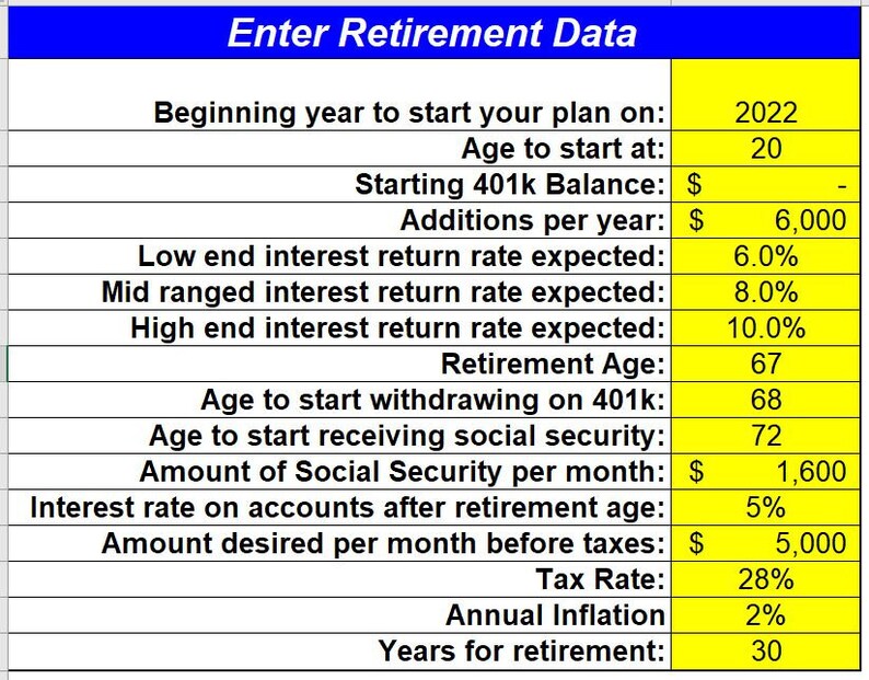 Excel Based Retirement Calculation / Template - Etsy