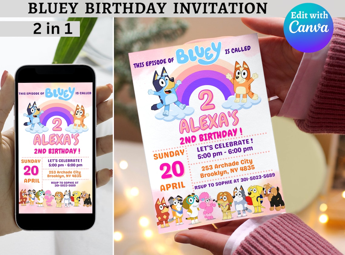 Pink Bluey Birthday Invitation Digital Download, Bluey Digital Invite ...