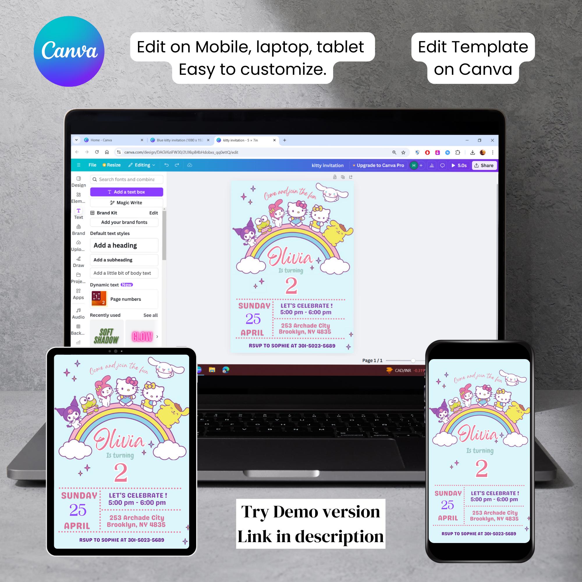 Kitty and Friends Birthday Party Invitation-editable Kawaii Birthday ...