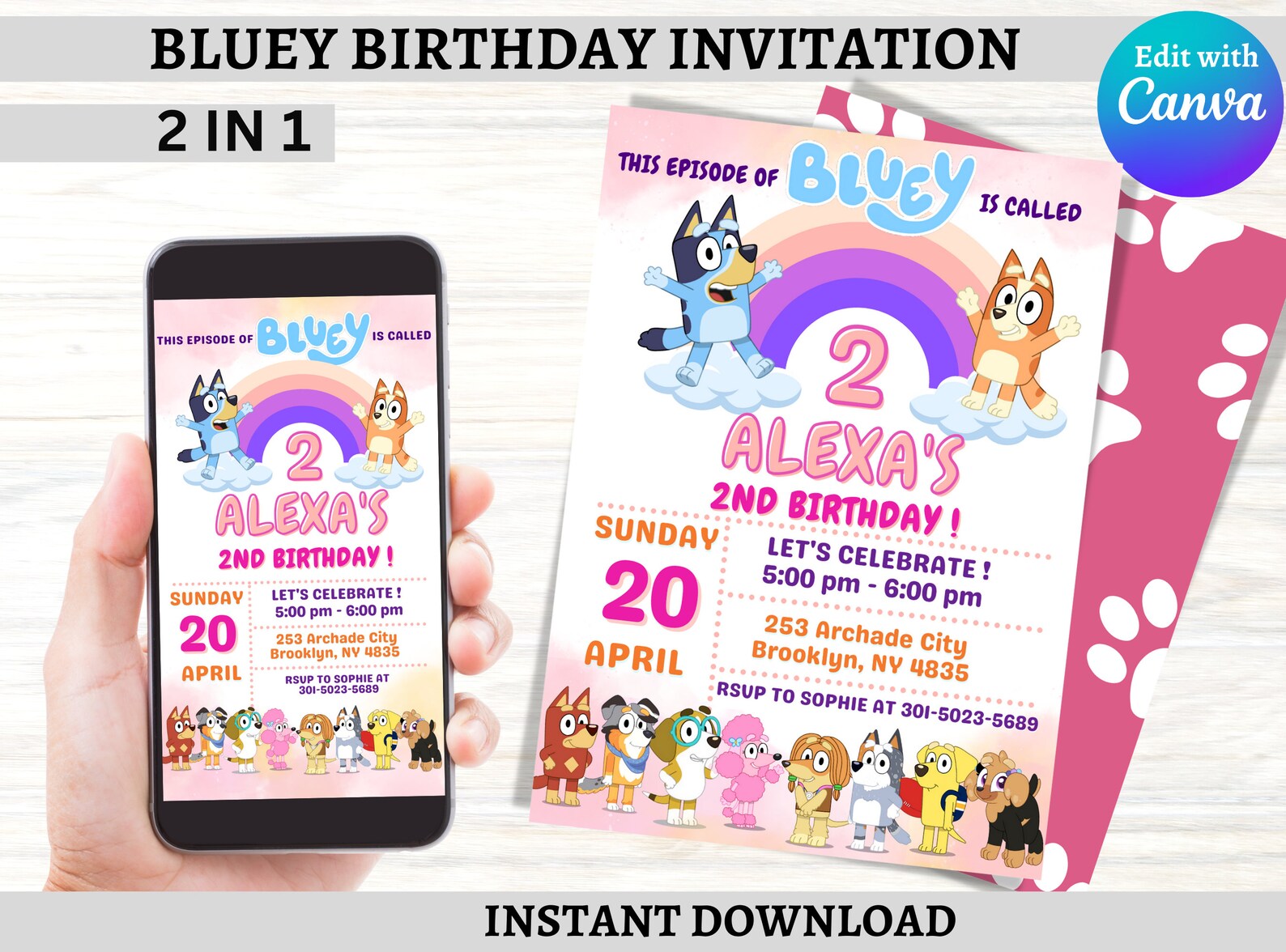 Pink Bluey Birthday Invitation Digital Download, Bluey Digital Invite ...
