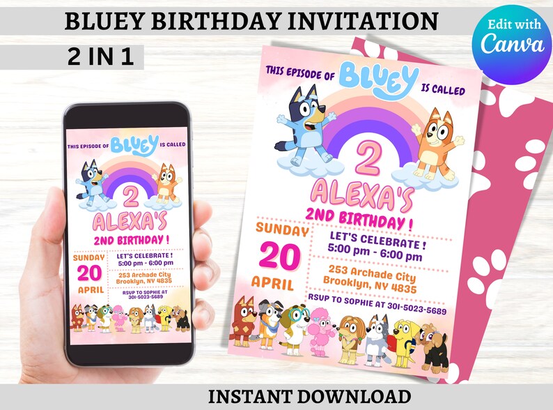 Pink Bluey Birthday Invitation Digital Download, Bluey Digital Invite ...