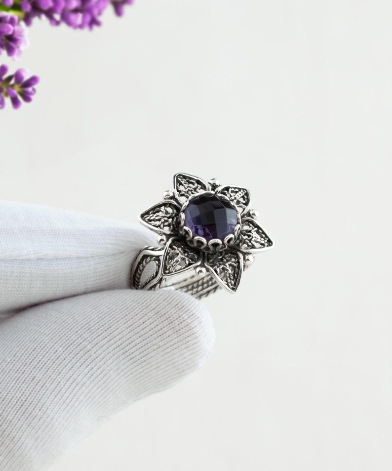 Blue Topaz Silver Victorian Lotus Flower Ring, 925 Sterling Artisan ...