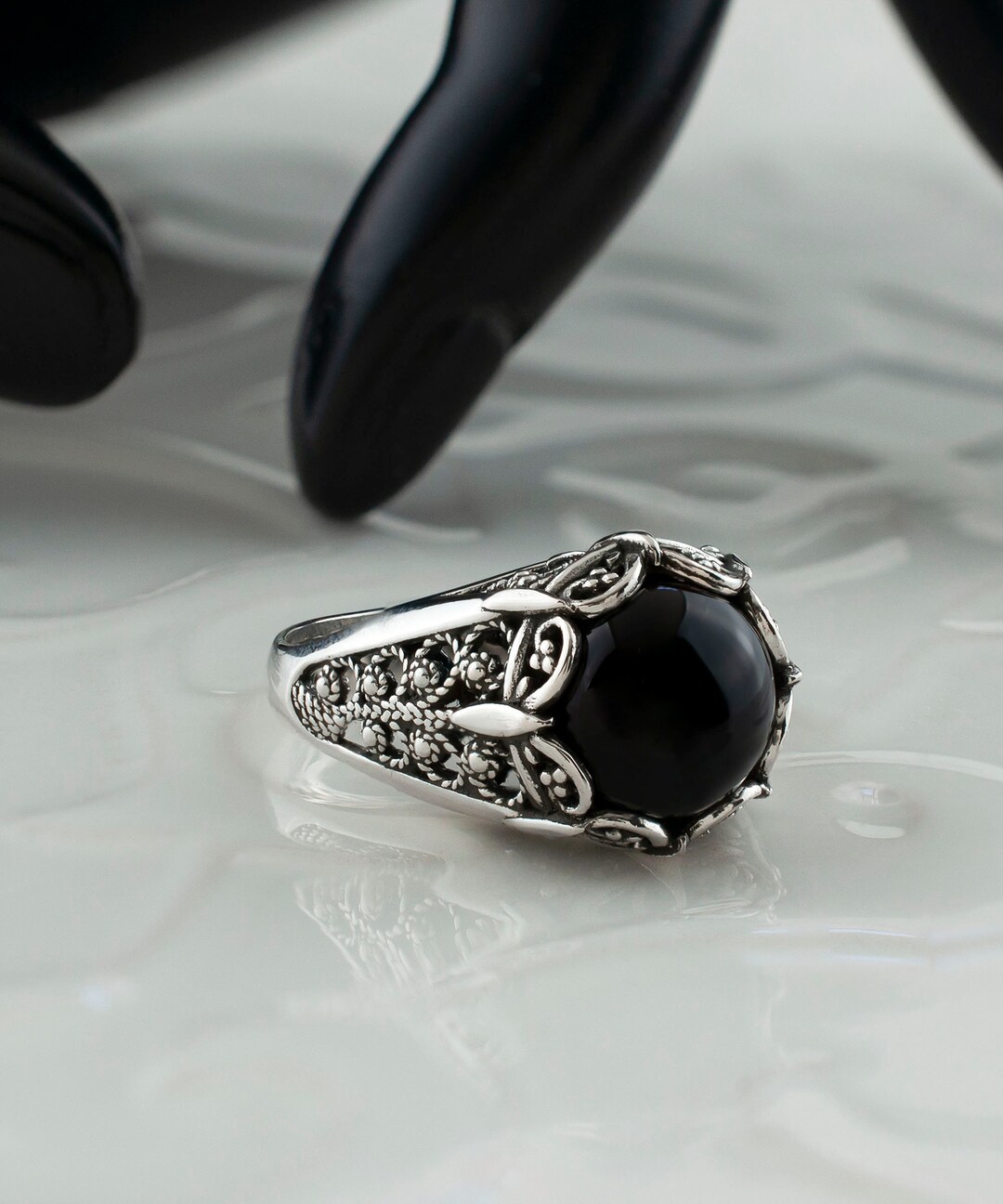 Black Onyx Silver Gothic Cocktail Ring, 925 Sterling Silver Artisan ...