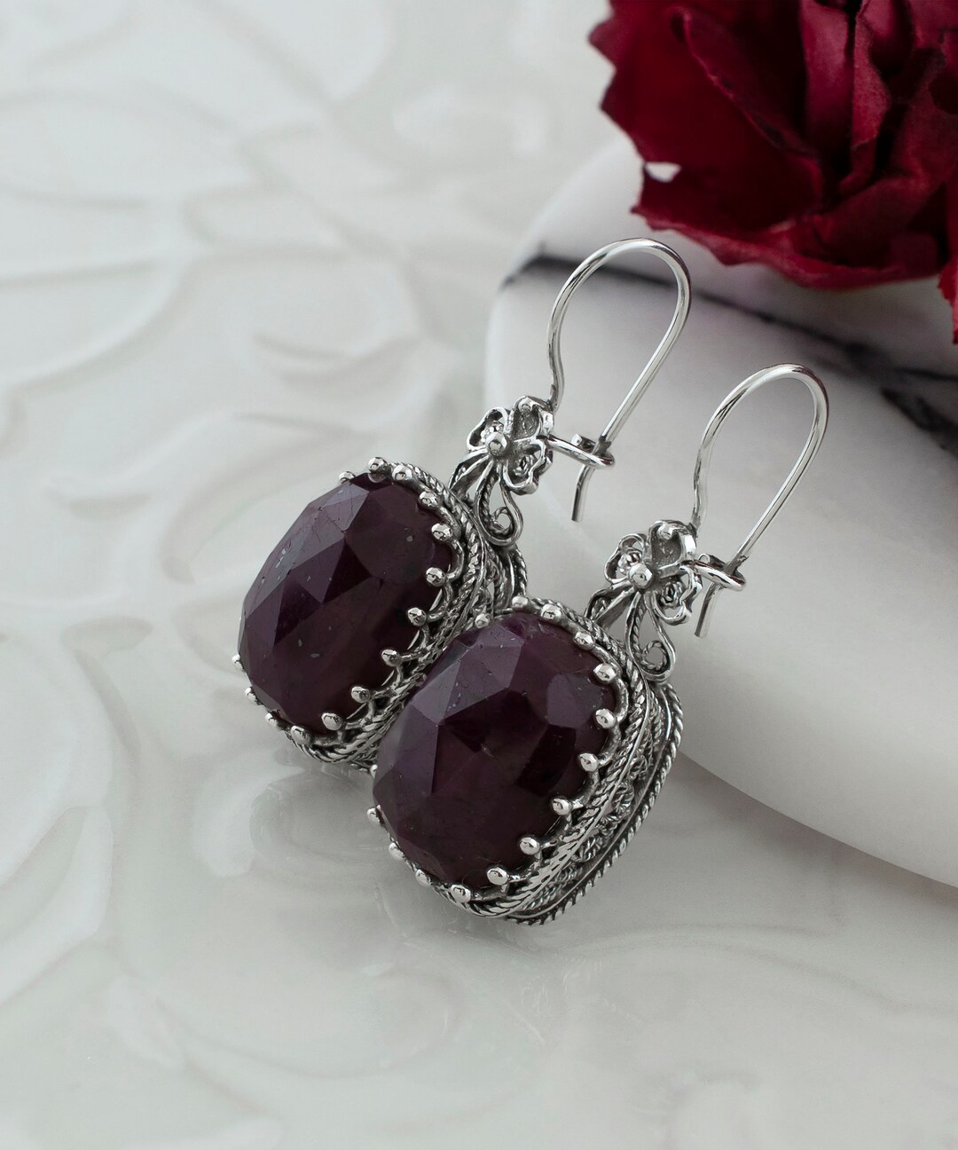 Ruby Corundum Gothic Boho Silver Drop Earrings, 925 Sterling Ruby ...