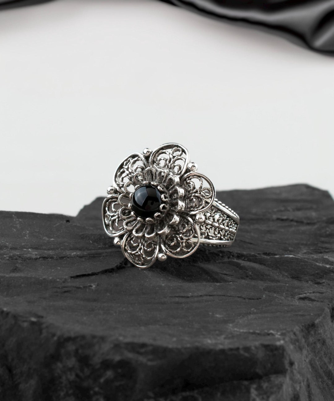 Black Onyx Silver Gothic Daisy Filigree Ring, 925 Sterling Artisan Made ...