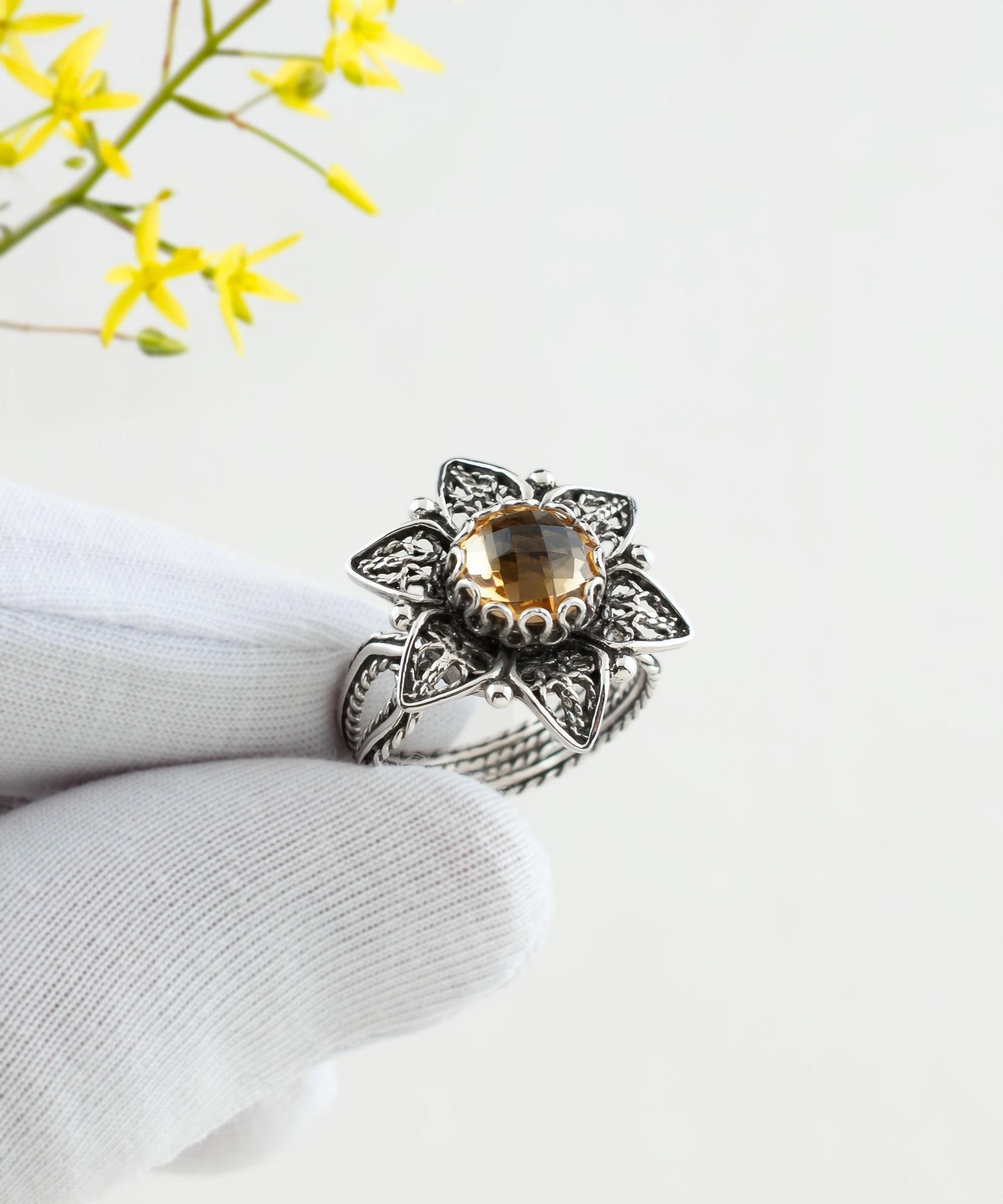 Citrine Gem Silver Victorian Lotus Flower Ring 925 Sterling Artisan Handmade Filigree Floral Yellow Cocktail Ring Women Statement Ring Etsy