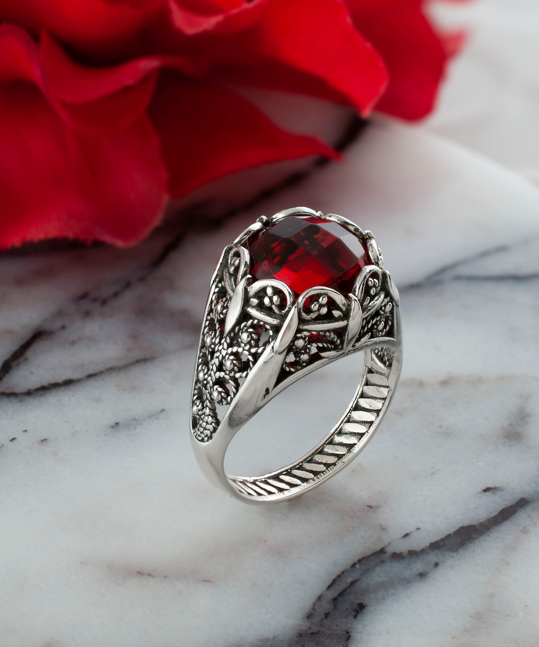 Ruby Silver Gothic Filigree Women Cocktail Ring, 925 Sterling Silver ...
