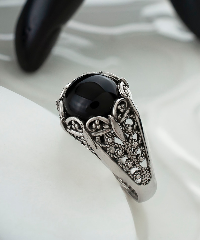 Black Onyx Silver Gothic Cocktail Ring, 925 Sterling Silver Artisan ...