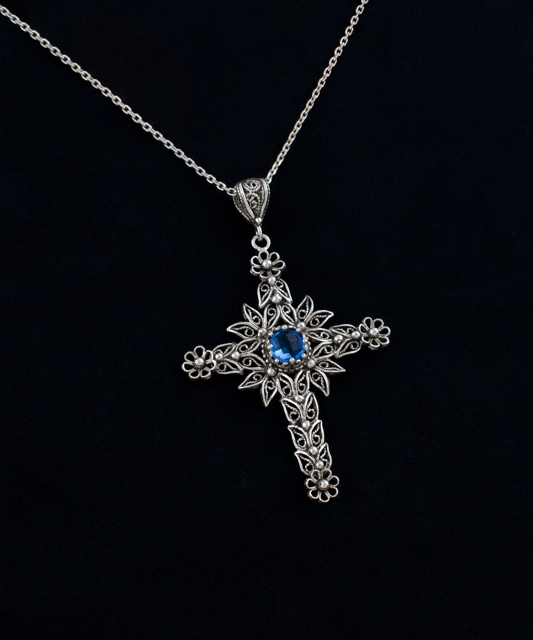 Blue Quartz Silver Holy Cross Pendant Necklace, 925 Sterling Silver ...