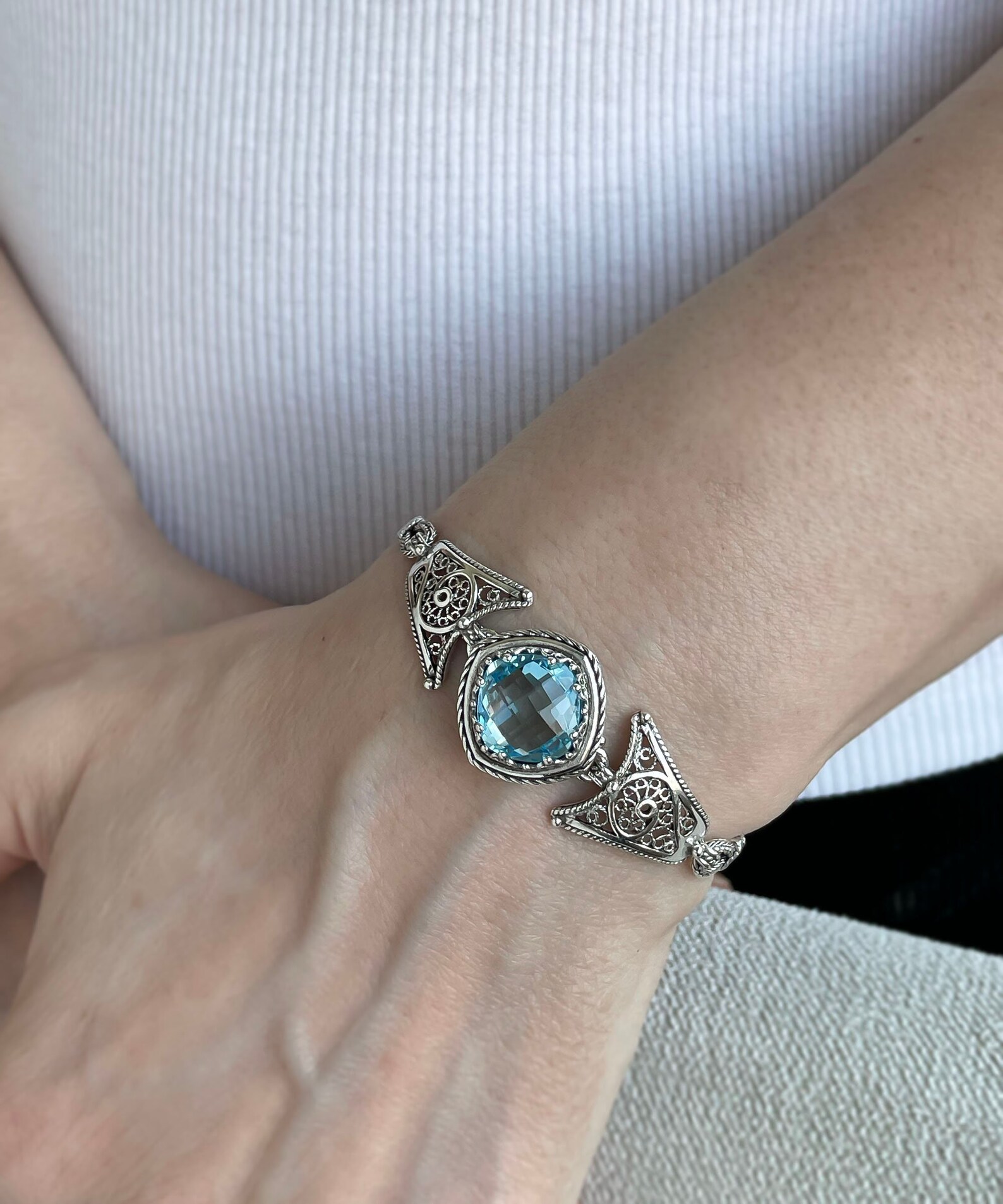 Sky Blue Topaz Silver Filigree Bracelet, 925 Sterling Silver Genuine ...