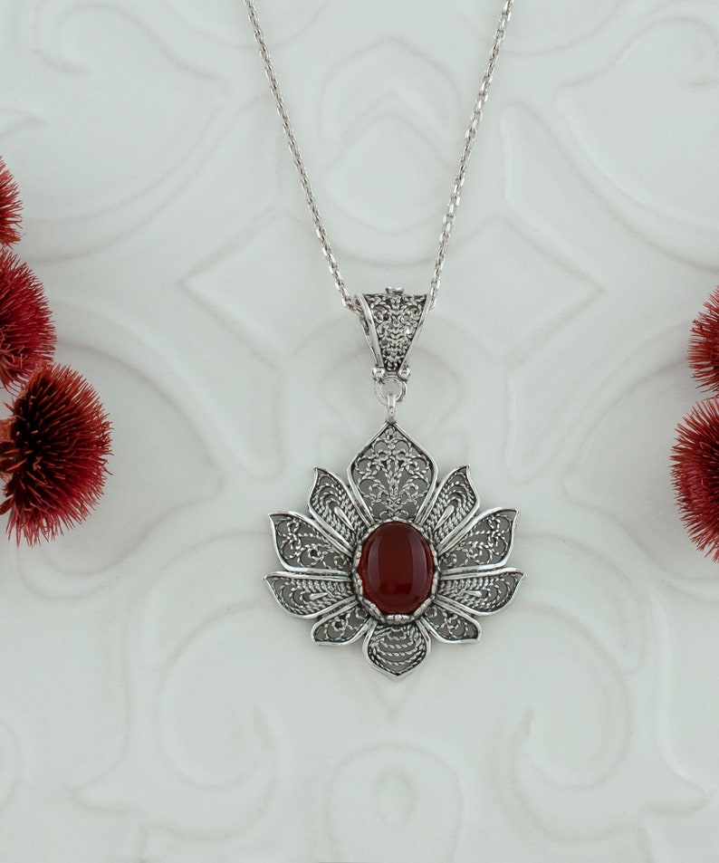 Carnelian Silver Goth Lotus Flower Pendant Necklace 925 - Etsy