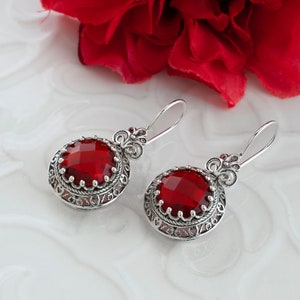 Ruby Silver Victorian Filigree Drop Earrings, 925 Sterling Silver Ruby ...